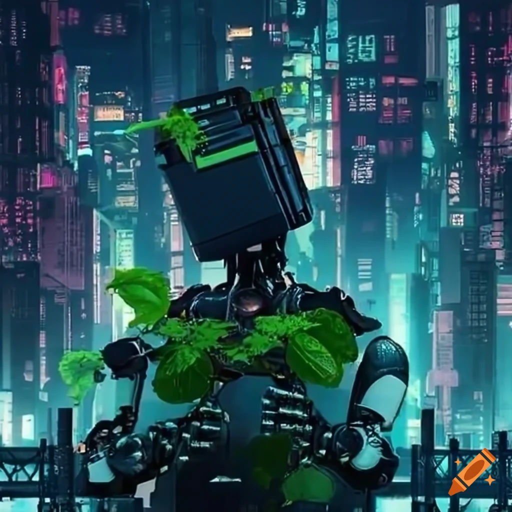 A robot tending to plants in a cyberpunk city