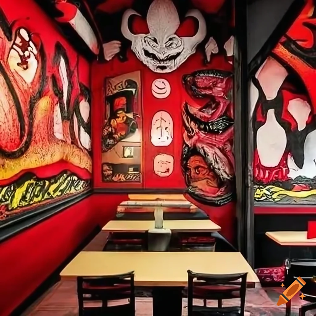 Satan themed fast food burger restaurant, exterior photo on Craiyon