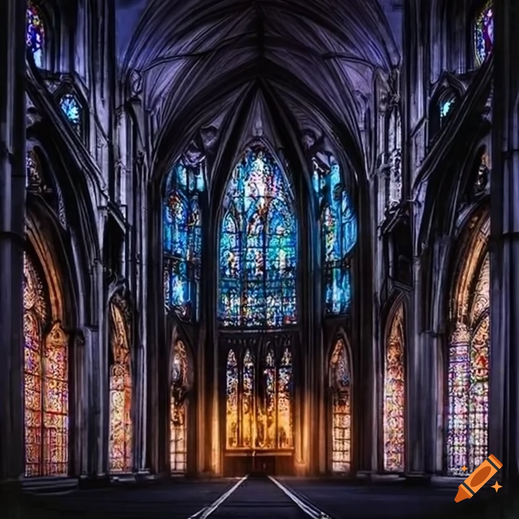 Mystery dark IN ANCIENT CATHEDRAL WITH STAINED WINDOWS on Craiyon