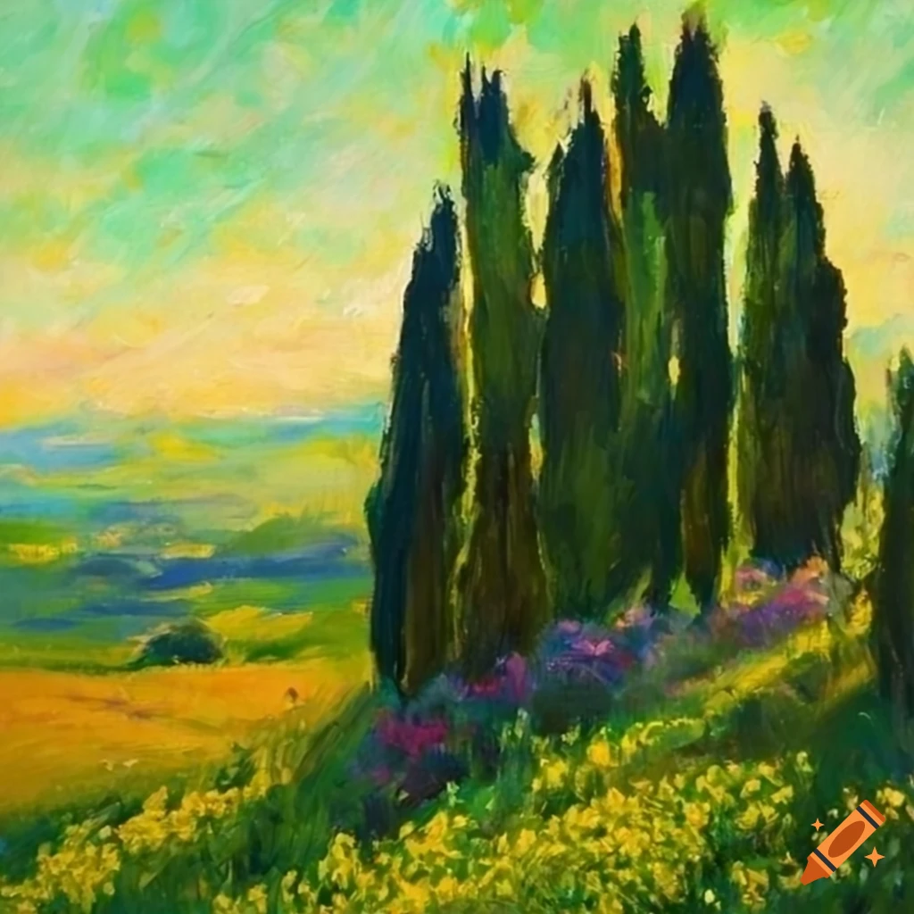 Cypress trees and blooming wildflowers on the green hills of umbria ...