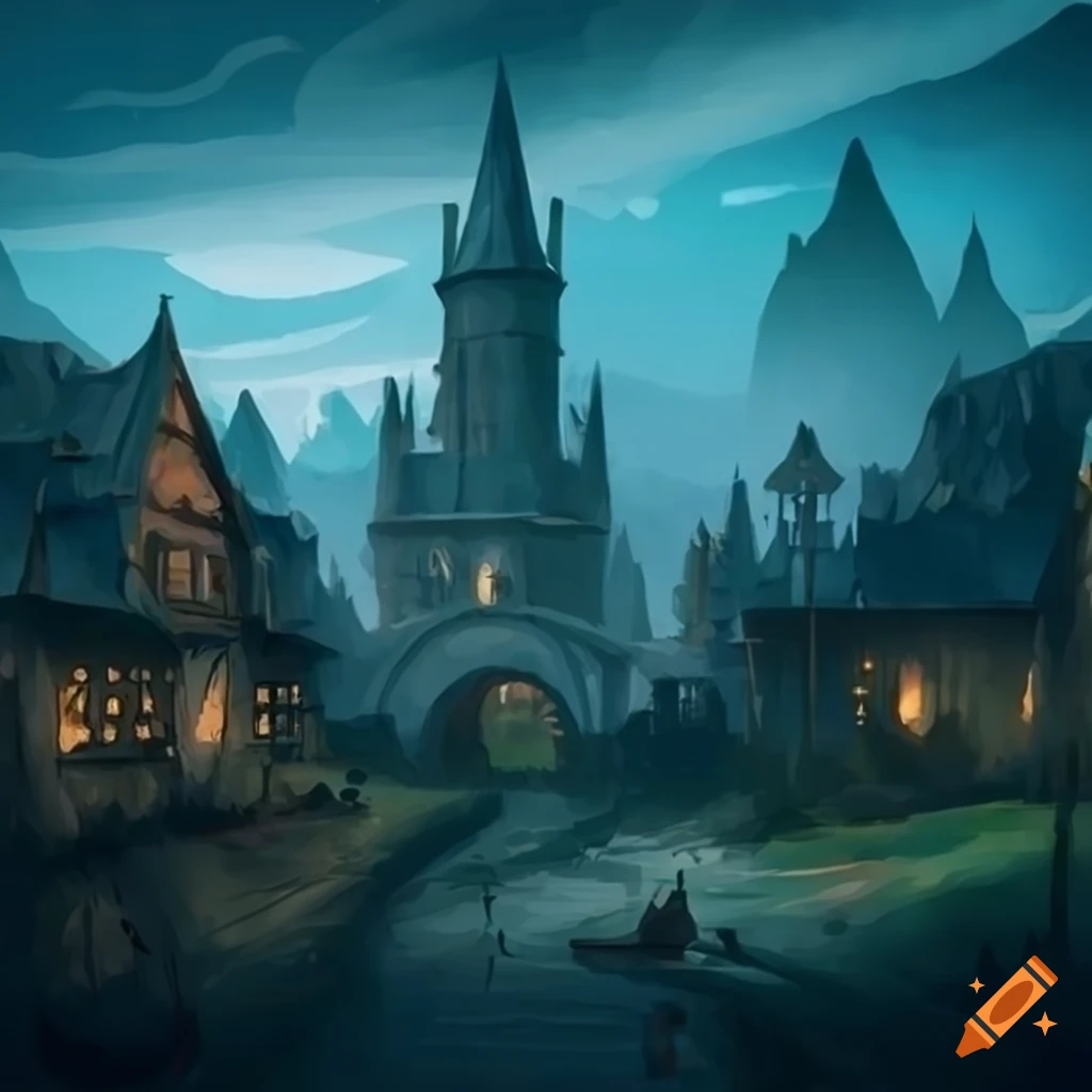 Long landscape entering fantasy medieval dnd town with festival going on