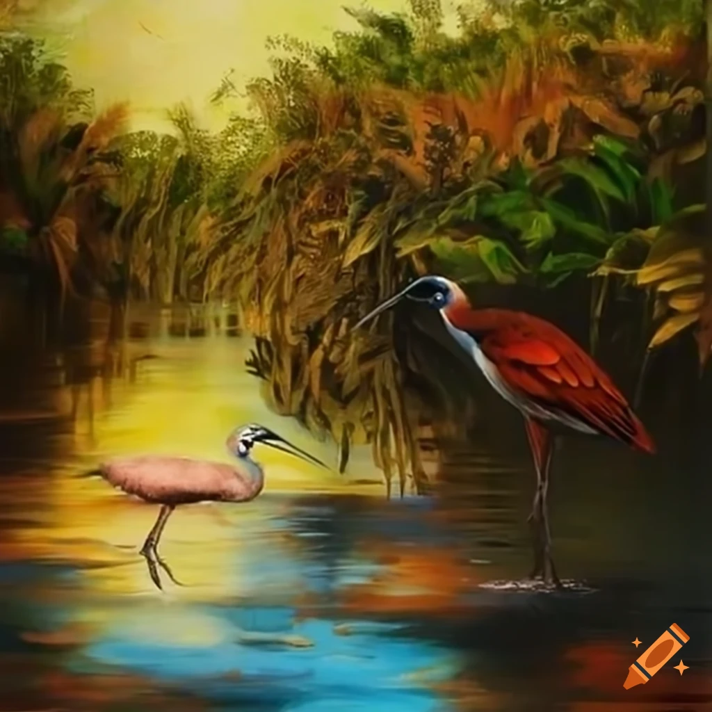 A peaceful painting of the florida everglades with beautiful birds on ...