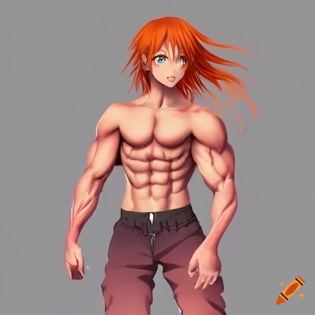 Muscular anime character with orange hair standing confidently