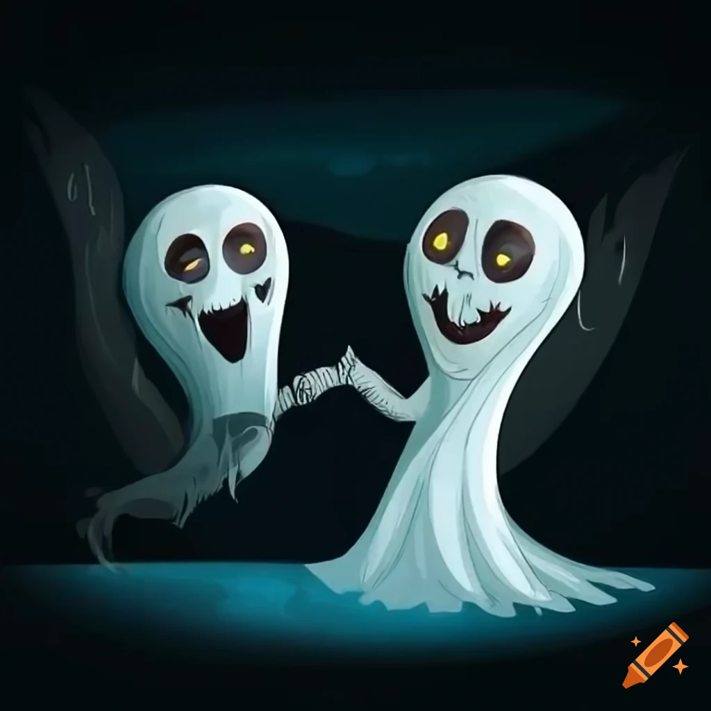 Cartoon ghost couple inside a haunted house on Craiyon