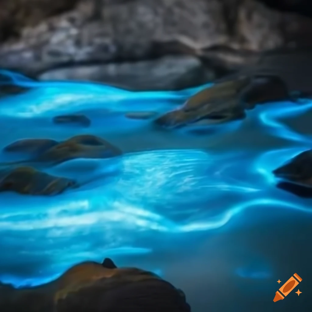 Bioluminescent ethereal water elemental nesting in a rock pool on Craiyon