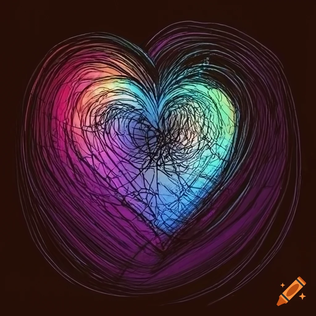 A heart symbol as the core of an atom, monochrome, sketched
