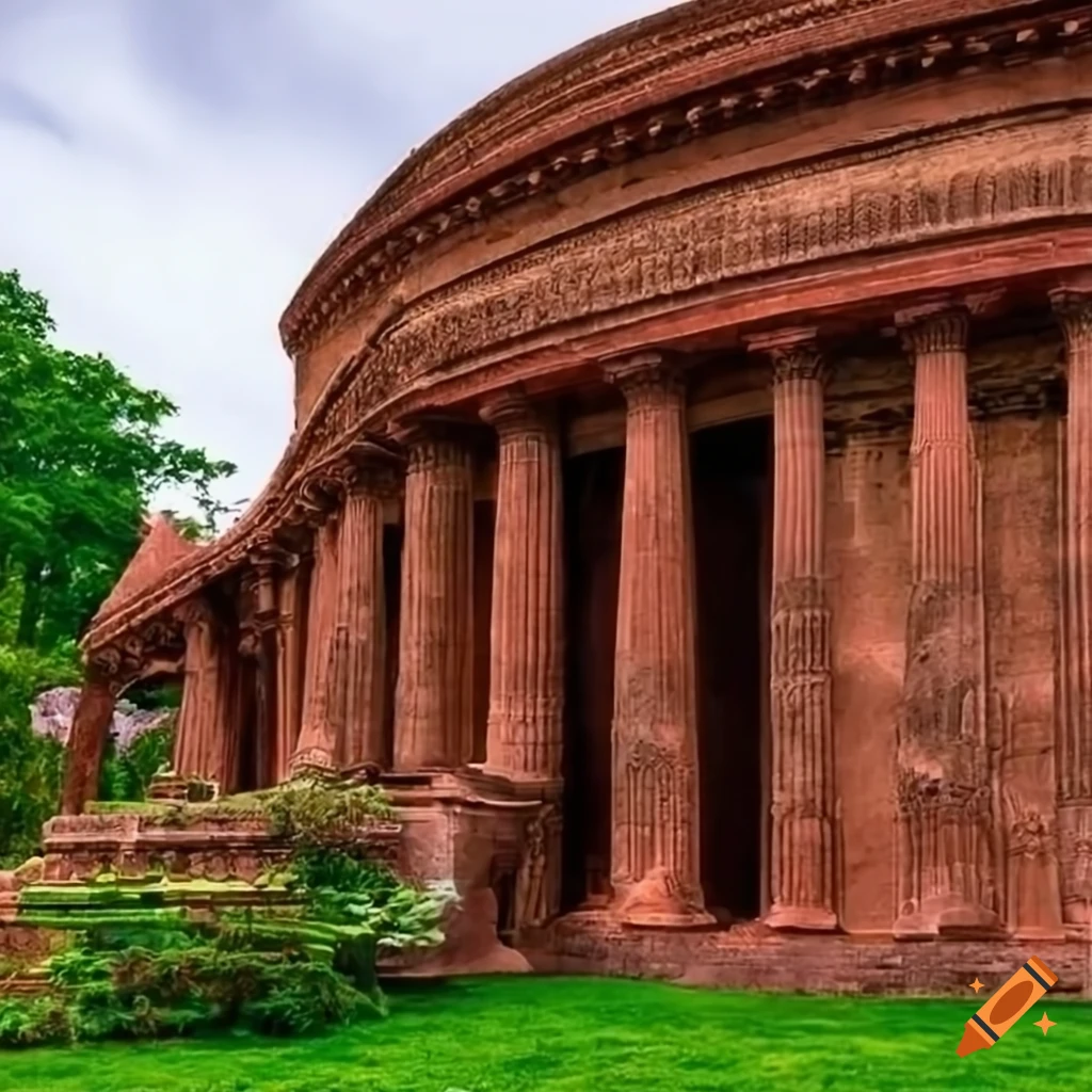 Grand limestone walled fantasy temple, with three buildings made of red ...