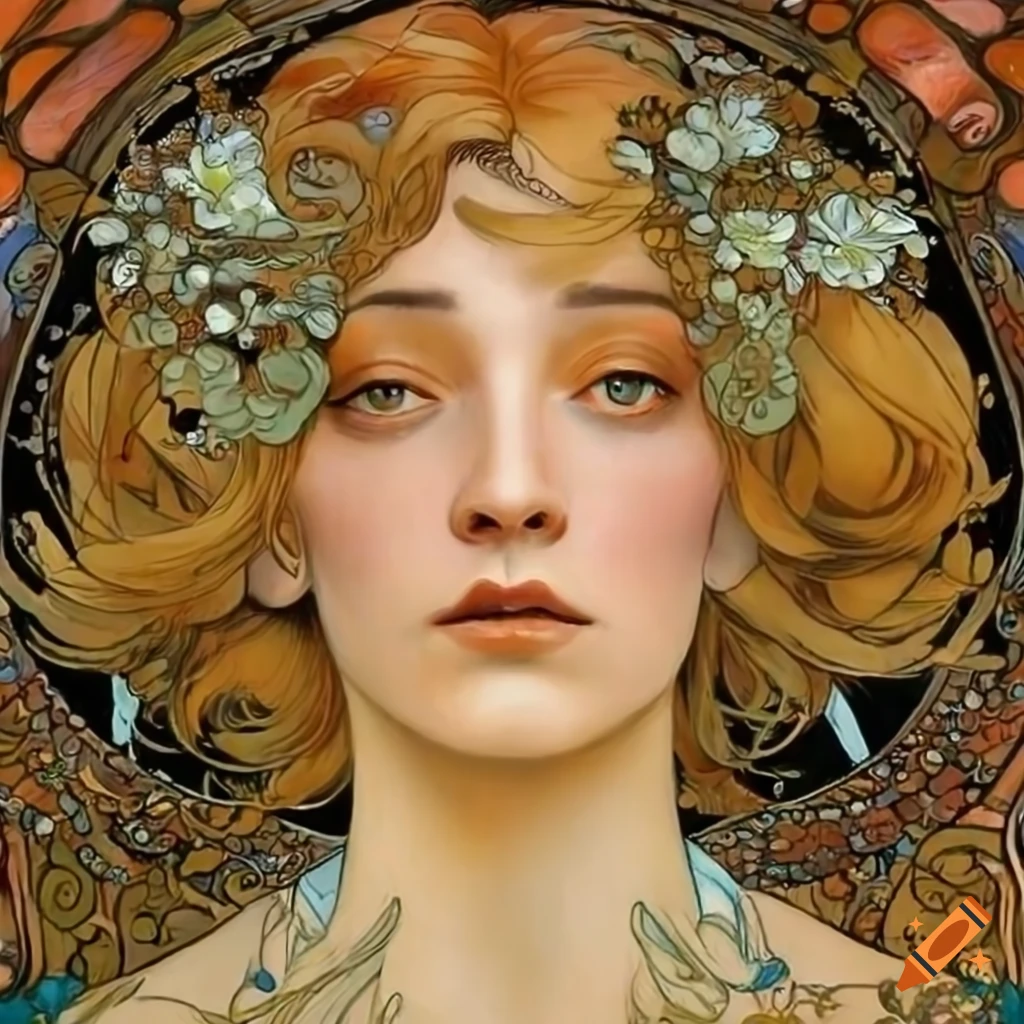 Portrait, detailed,surreal,hair like flowers in the art style of Gustav ...
