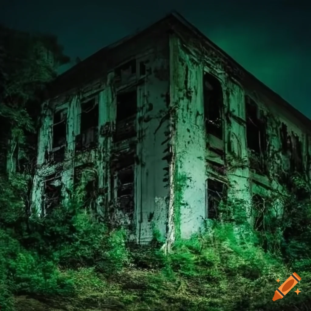 Nighttime panorama of overgrown abandoned building, nature reclaiming its territory on Craiyon