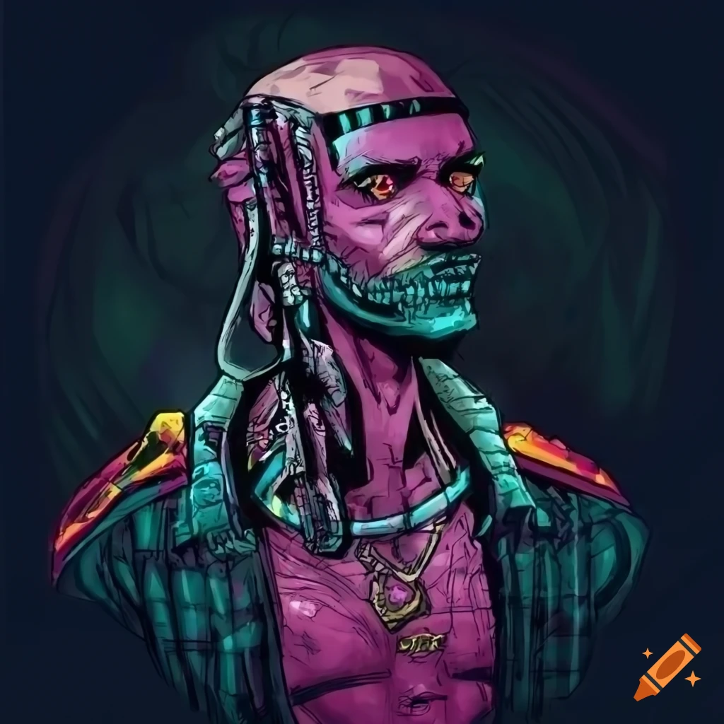 Cybernetic street thug, drawn in dark comic-book style