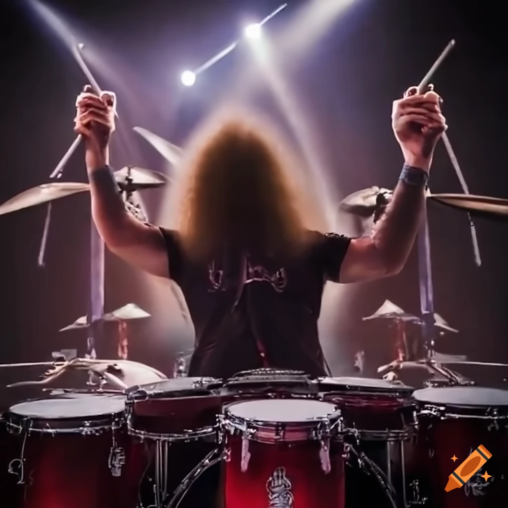 Playing drums at a heavy metal show while headbanging on Craiyon