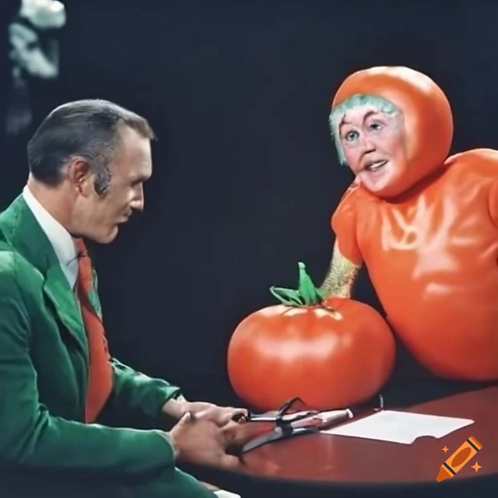 Johnny carson interviewing a peculiar character in a tomato costume on Craiyon
