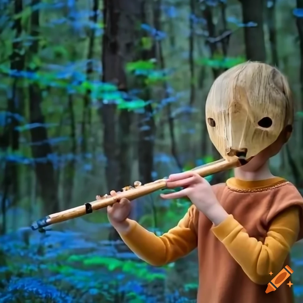 Child with a wooden mask and a flute in a blue forest on Craiyon