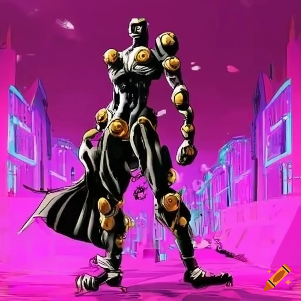 A humanoid jojo's stand with a sleek and futuristic design, with two large and powerful legs ...