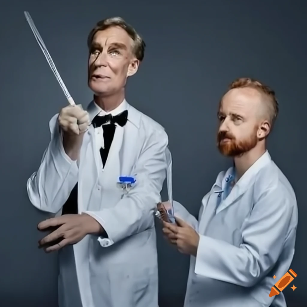 Bill nye and jesse pinkman conducting experiments in lab coats on Craiyon