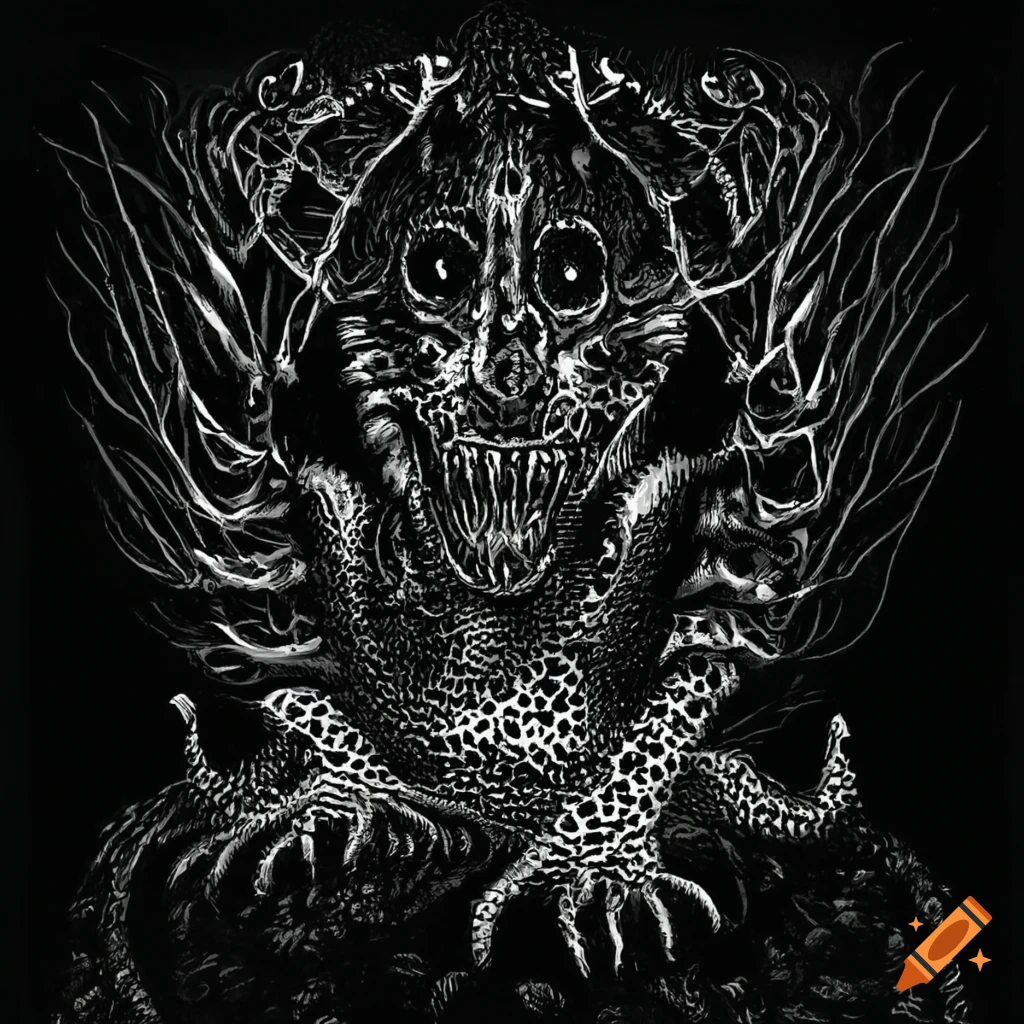 Reptilian monstrosity peering down from a torturous throne upon its ...