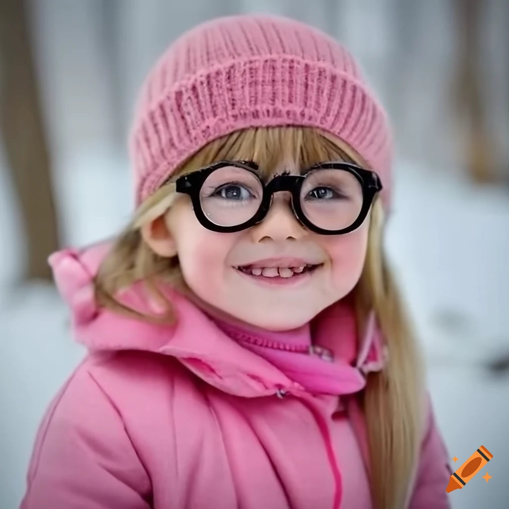 A nearsighted 7-year-old girl with cute face, fair skin, long and straight blonde hair, tiny ...