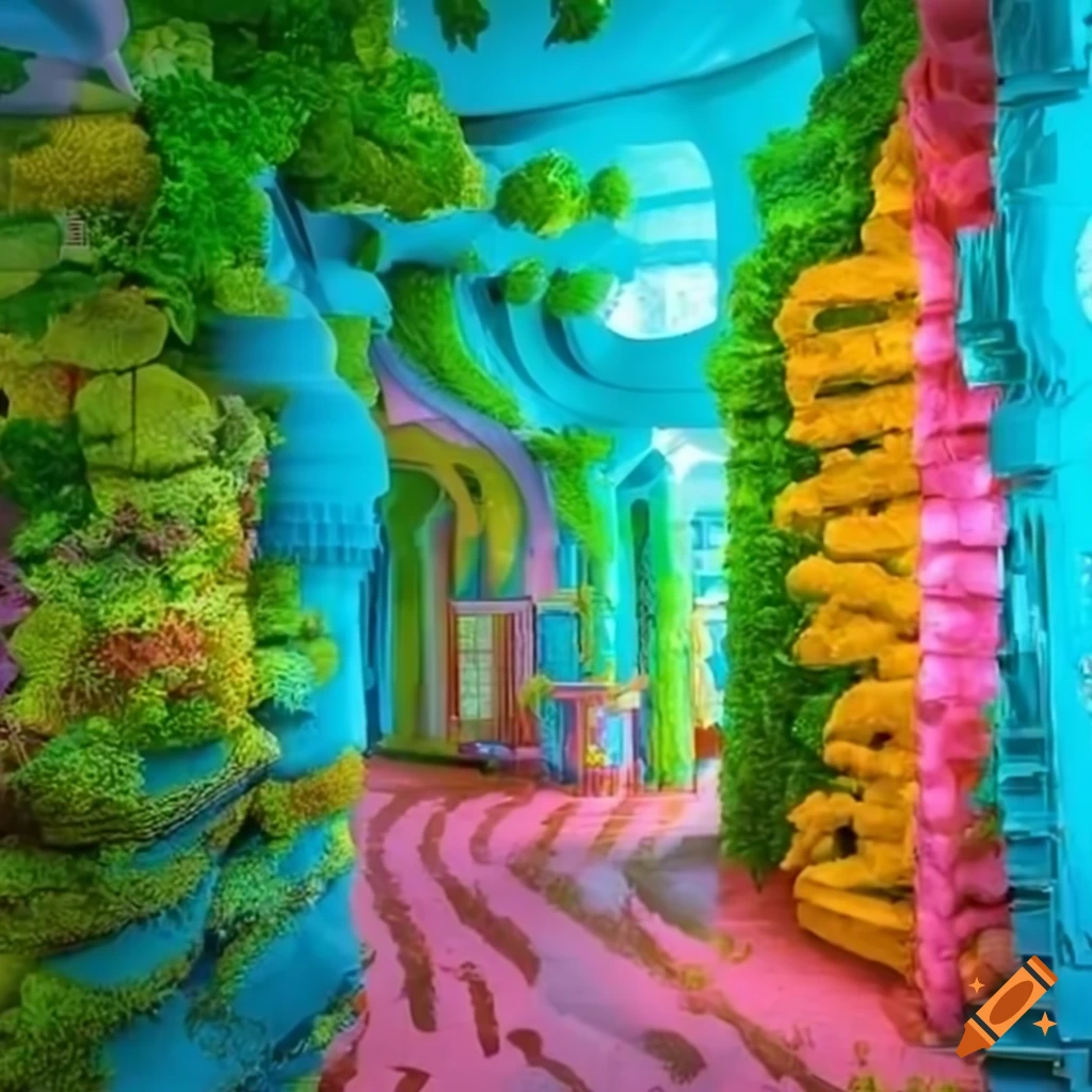 Building interior covered in vibrant candy-like vegetation on Craiyon