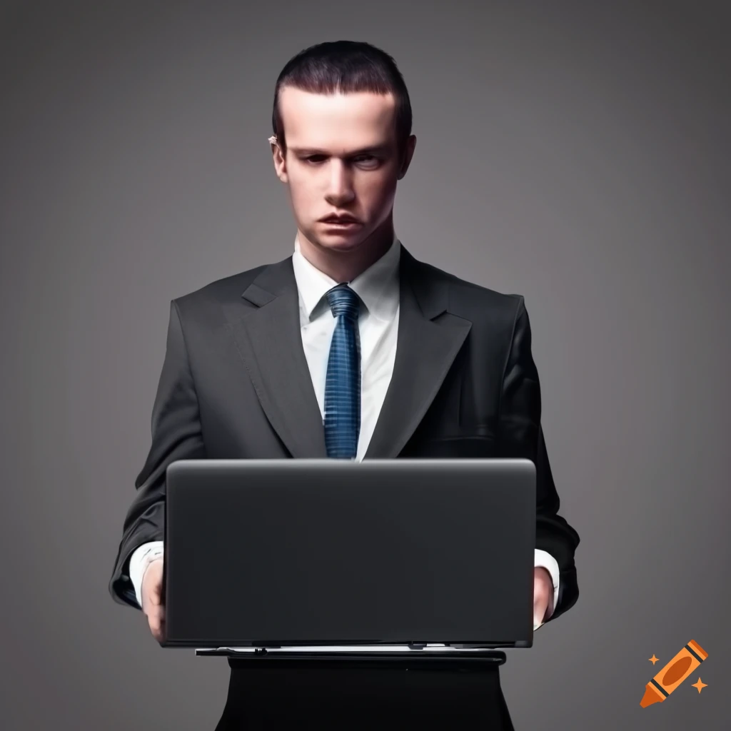 Front view of a man in a suit with a laptop