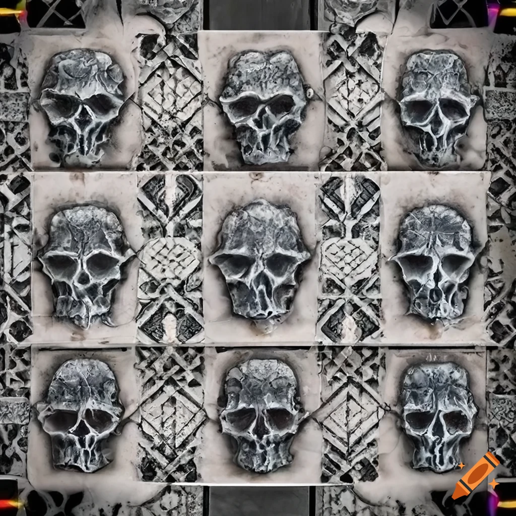 10x10 grid of square edge distorted stone tile skulls on Craiyon
