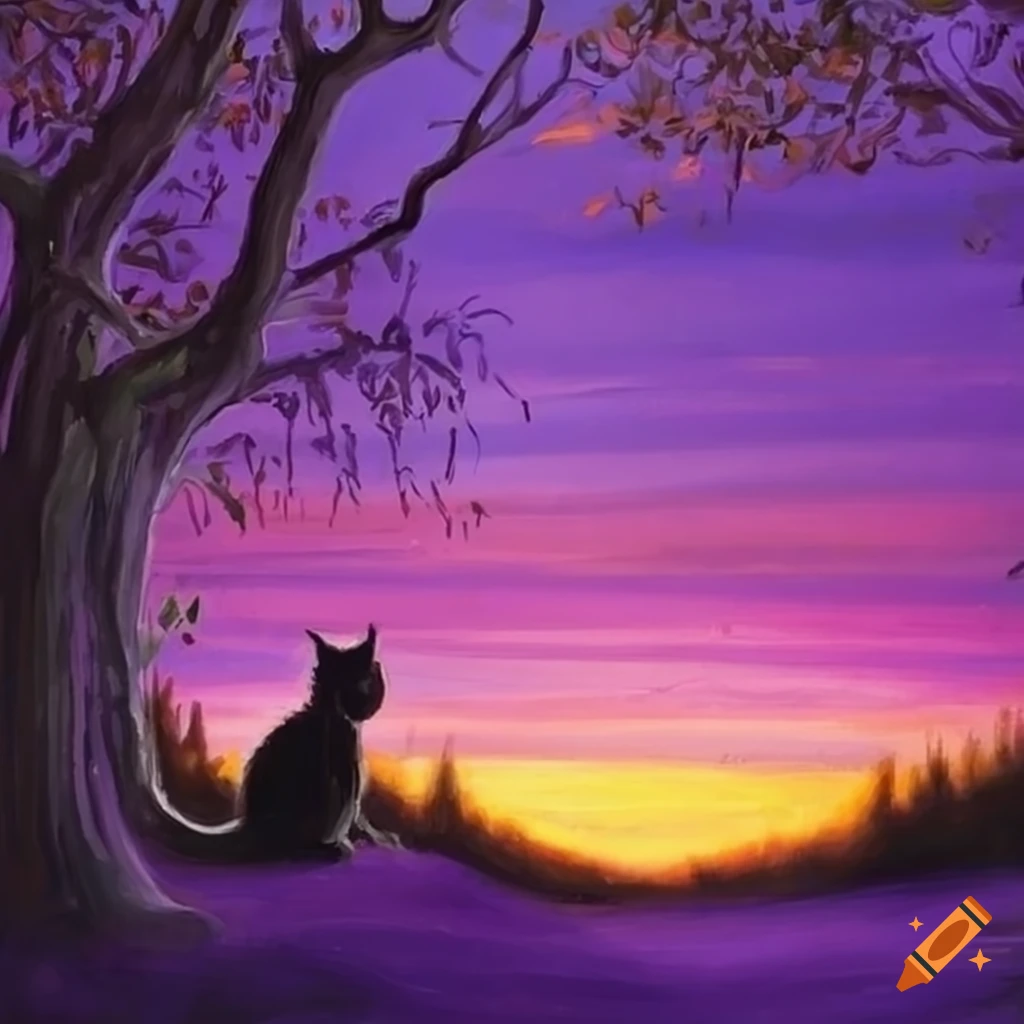 A painting of a violet sunset with a cat watching it from a nearby tree ...
