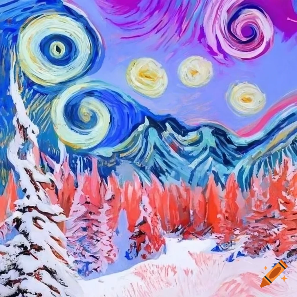 Van Gogh interpretation of a winter forest. Flushed out with pink and ...