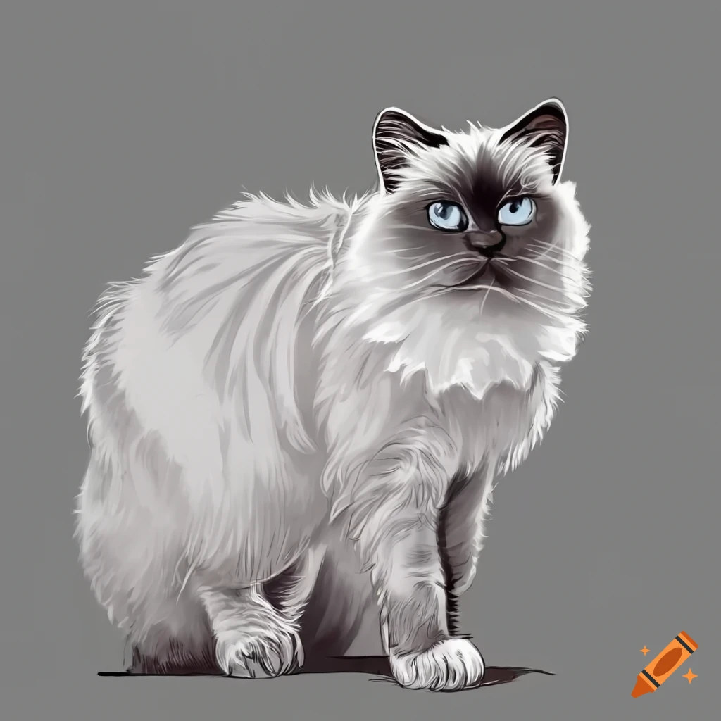 Full body birman cat fineline drawing greyscale coloring book style