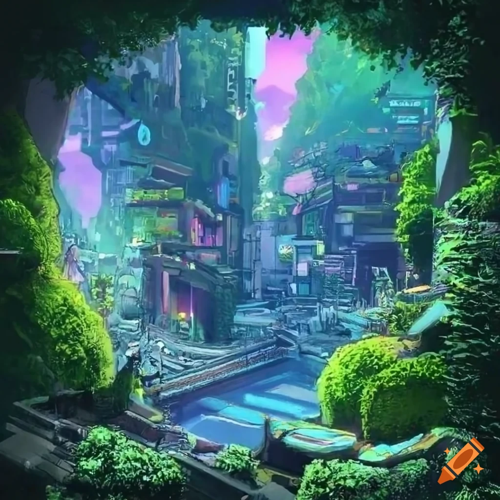 Hiroshi Nagai, overgrown Cyberpunk city grotto, androids, cherry ...
