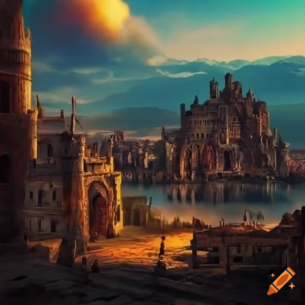 Mediterranean destroyed medieval fantasy city at lake golden hour on ...
