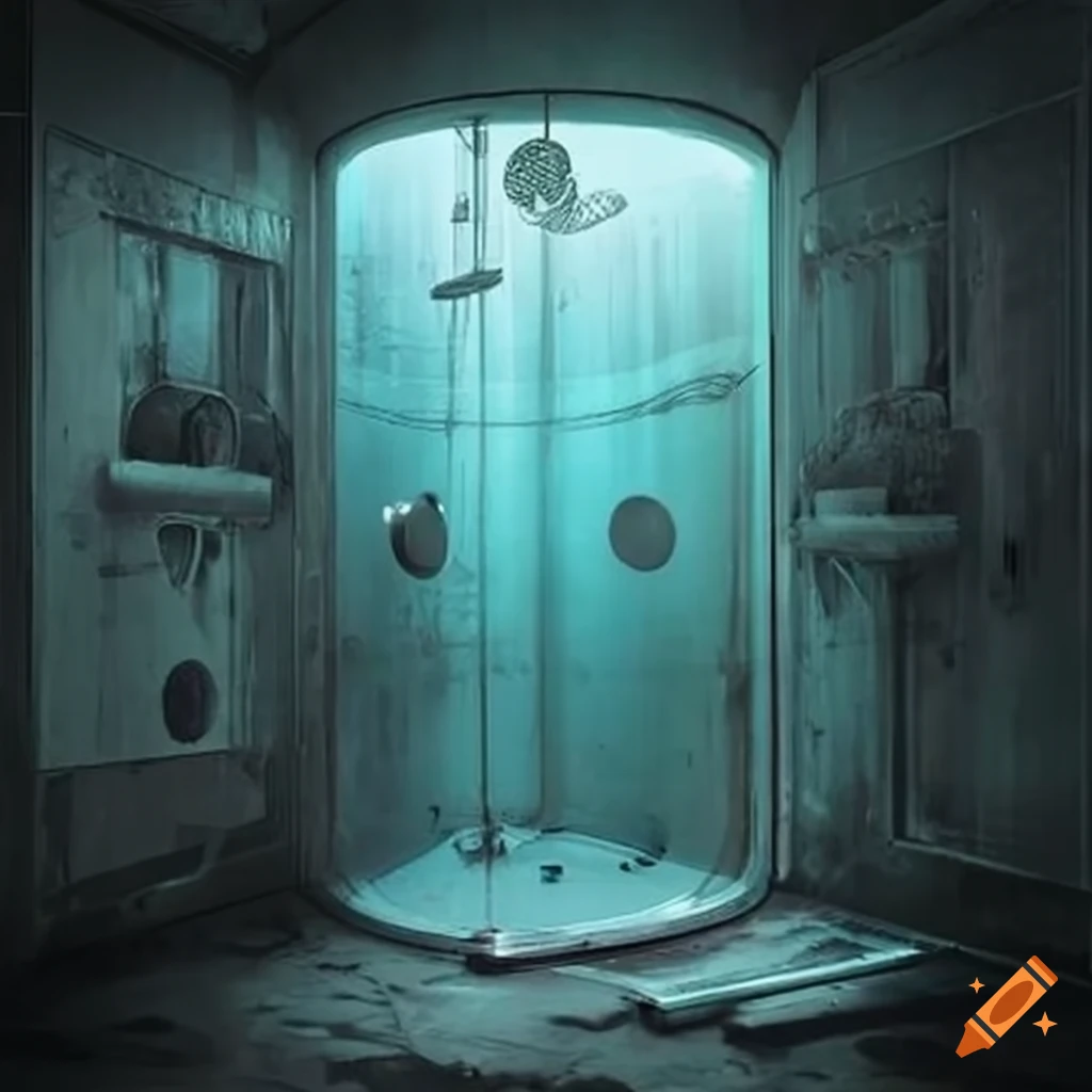 A futuristic shower cubicle in a post-apocalyptic setting on Craiyon