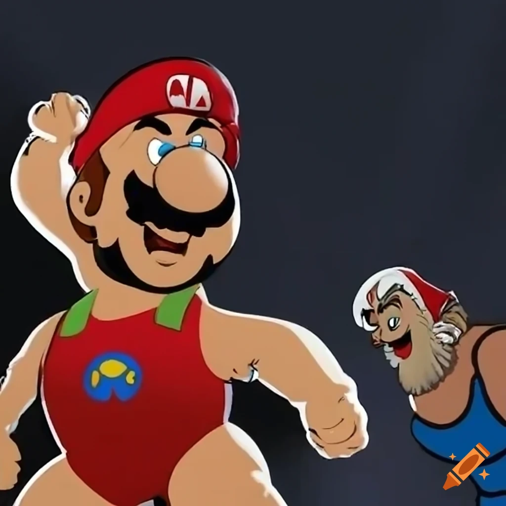 A bearded iraqi super mario wrestler cartoon