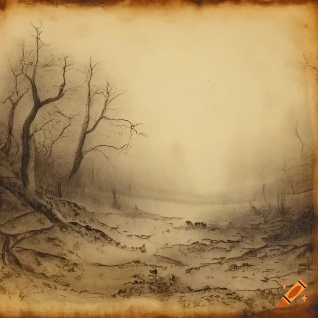 Misty wasteland landscape old paper picture 1800s drawing