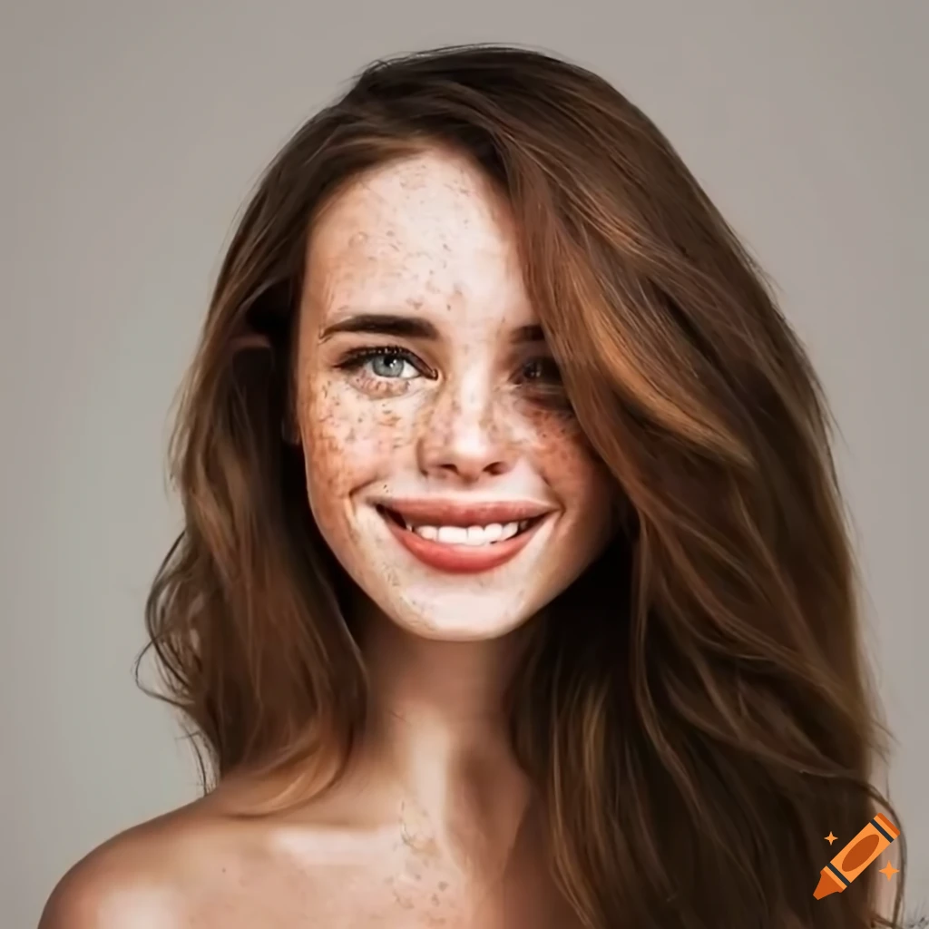 Beautiful Young Woman Delicate Freckles Shy Smile Shoulder Length Hair