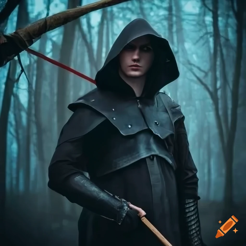 Young man with blue eyes and dark hair wearing dark leather hooded ...