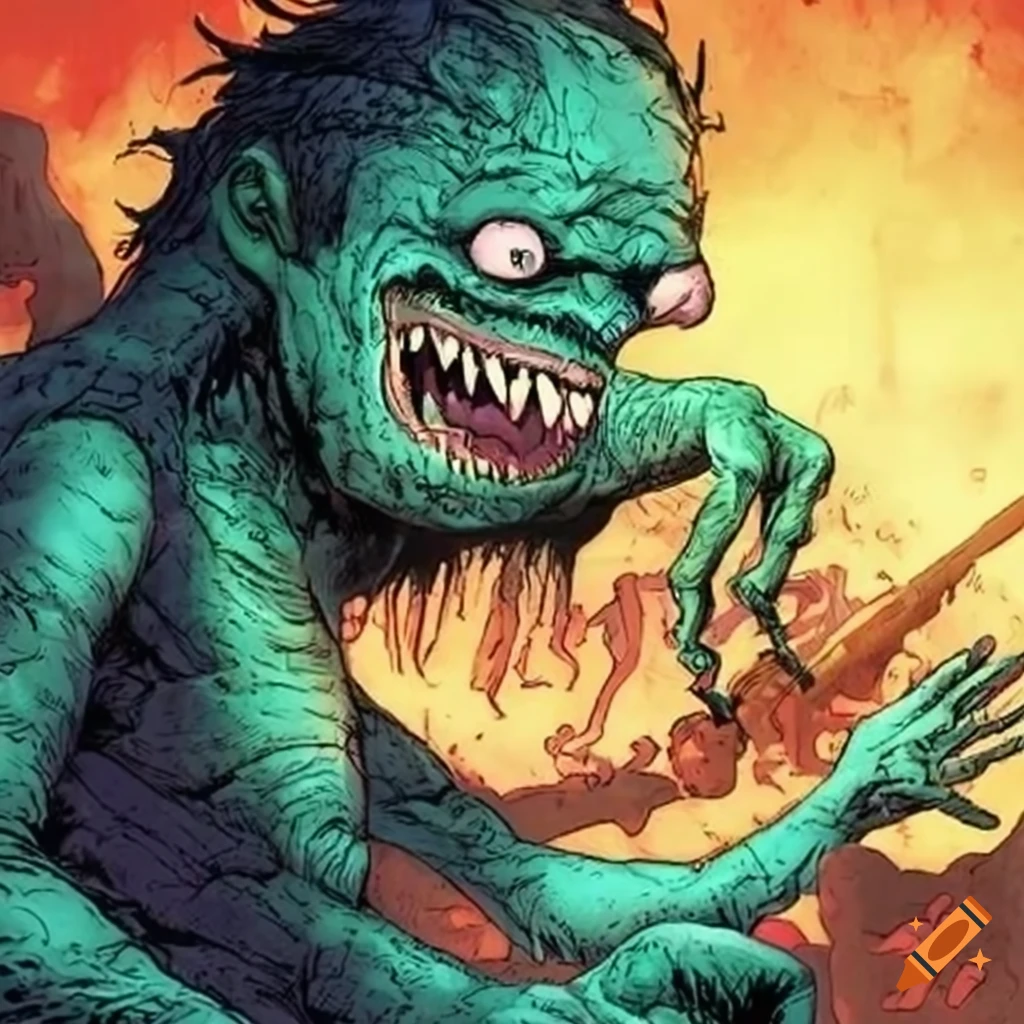 Gross, comical monster reading a comicbook on Craiyon