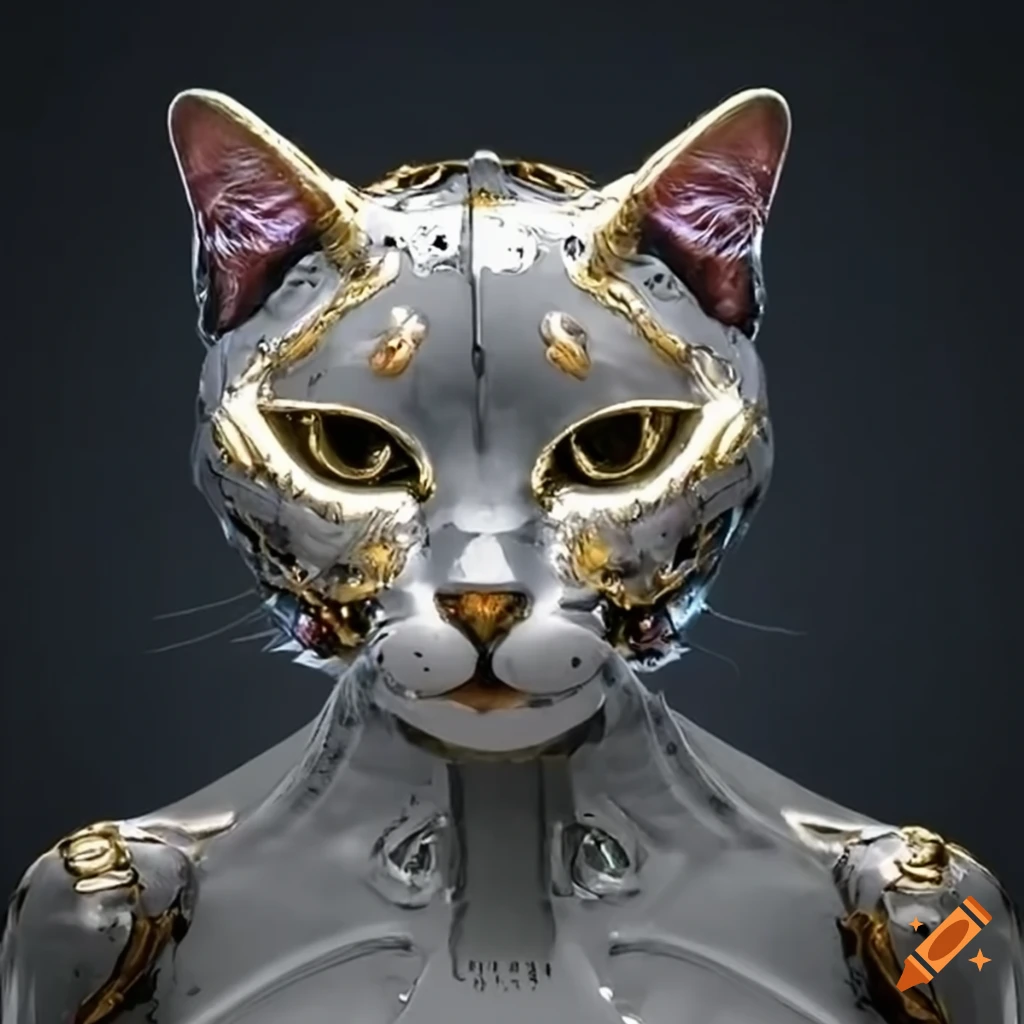 A big silver and gold cyborg cat on Craiyon