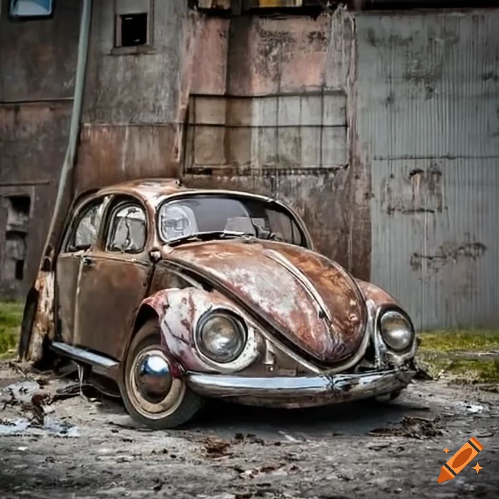 Damaged volkswagen beetle from the sixties in an apocalytic industrial ...
