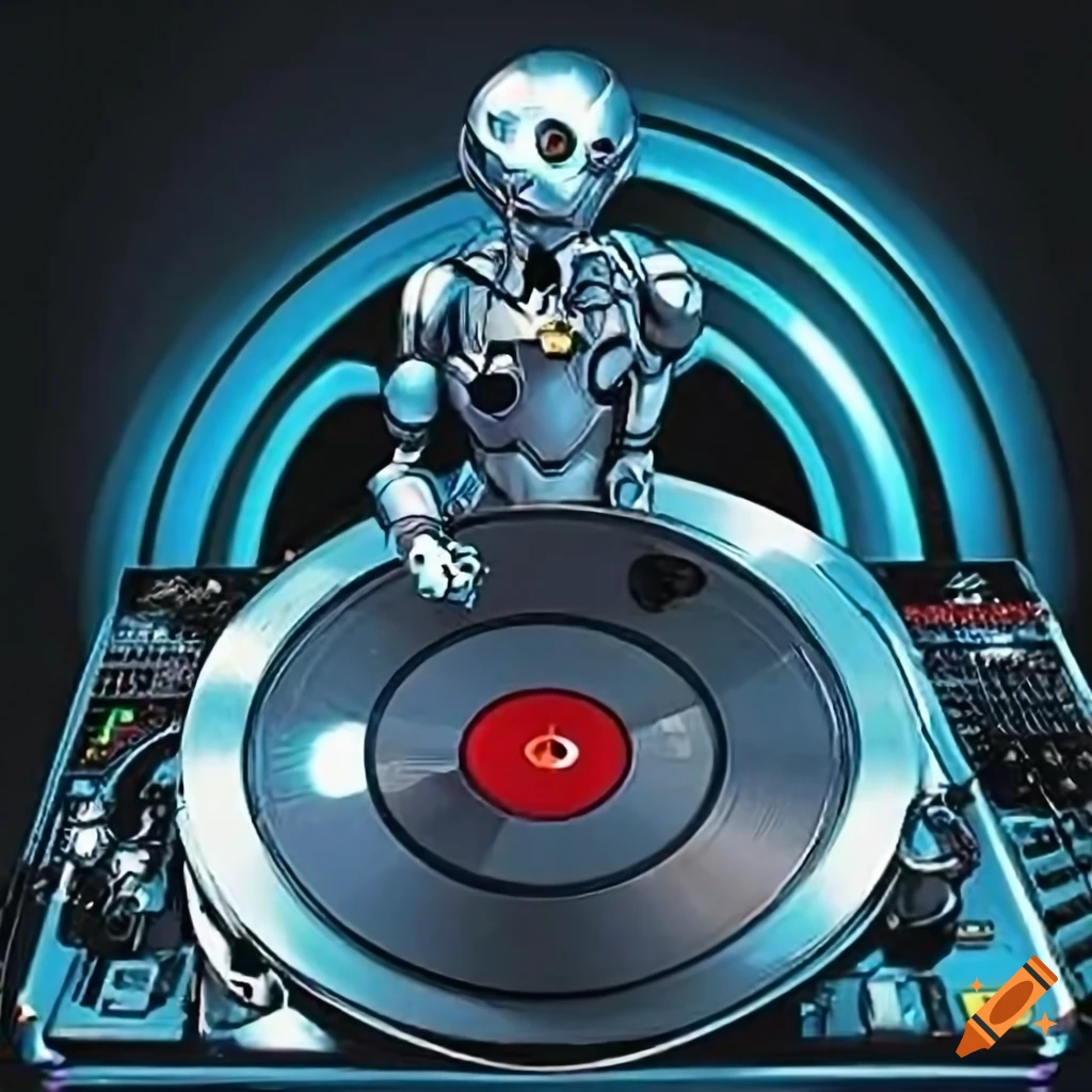 Djing with records dance music comic book robot hero sphere head circle ...