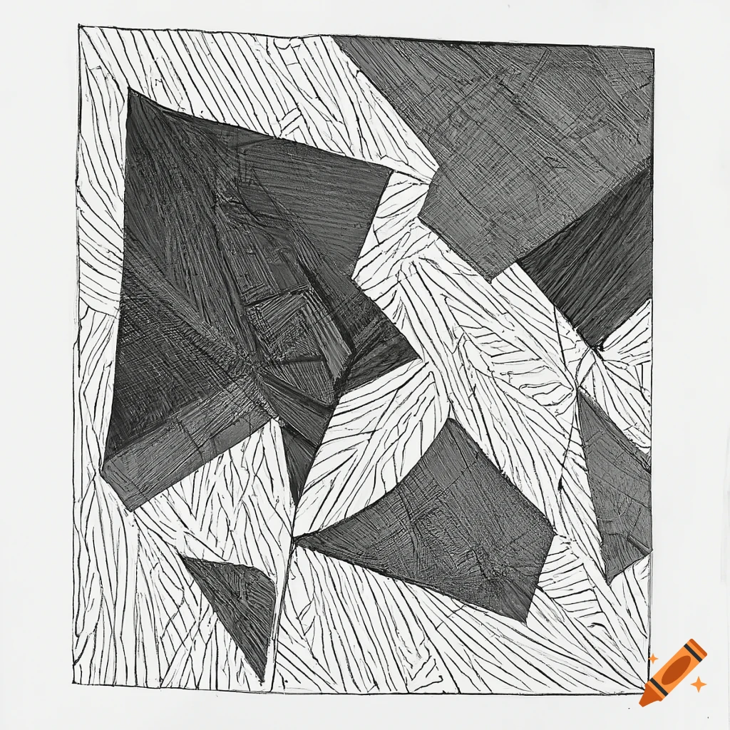 Grayscale drawing of geometric shapes with white background by frank stella
