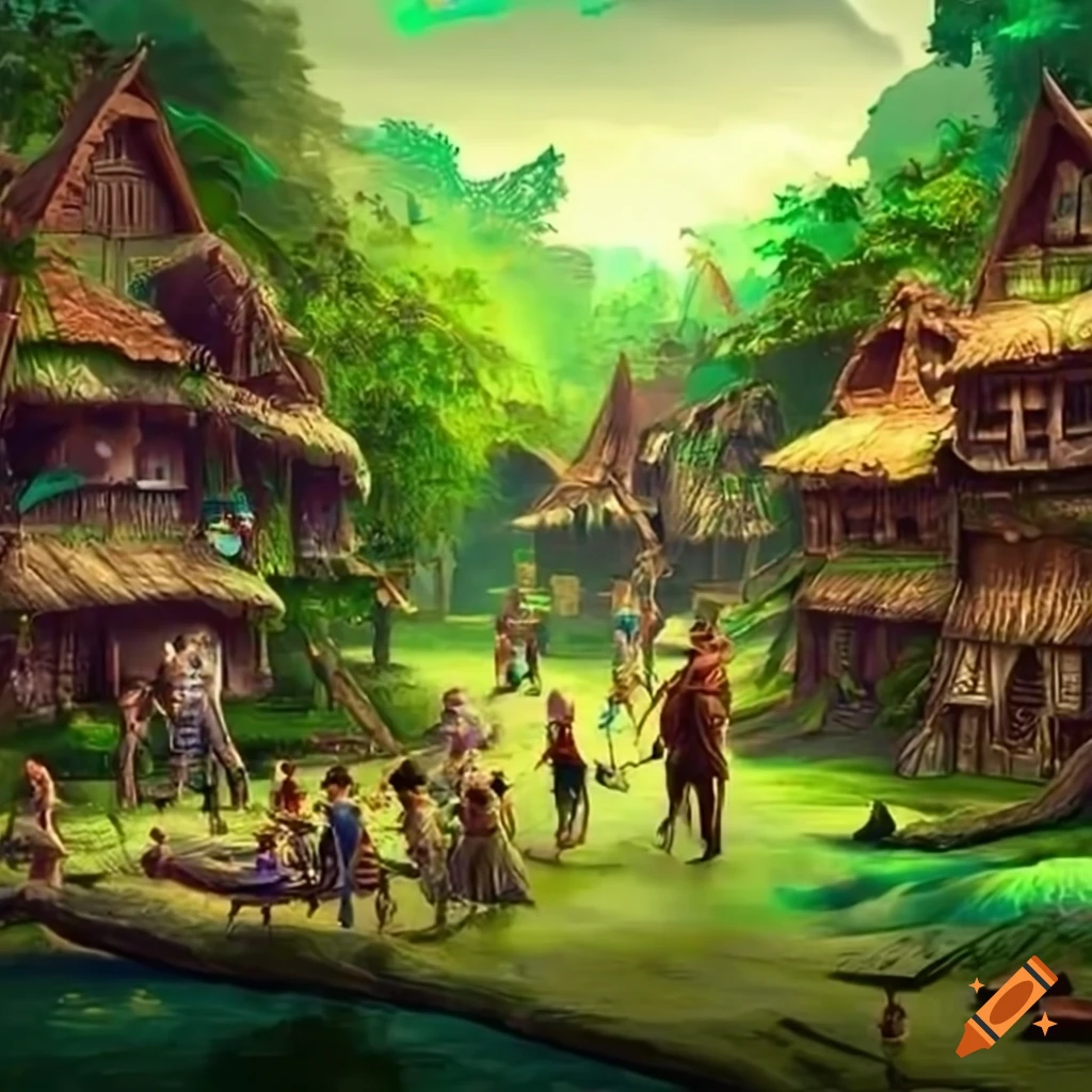 Fantasy jungle village bustling with people on Craiyon