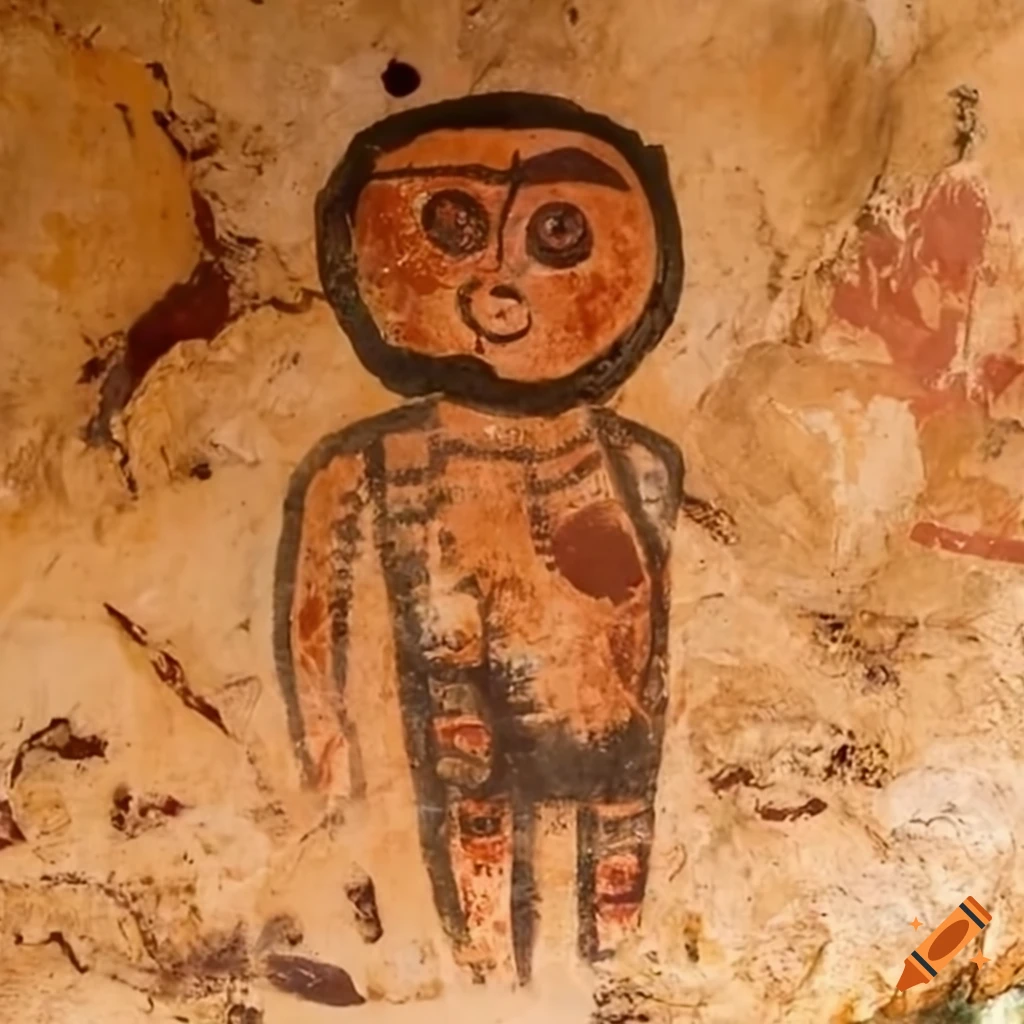 Ancient cave painting showing a clay figurine with many eyes on Craiyon