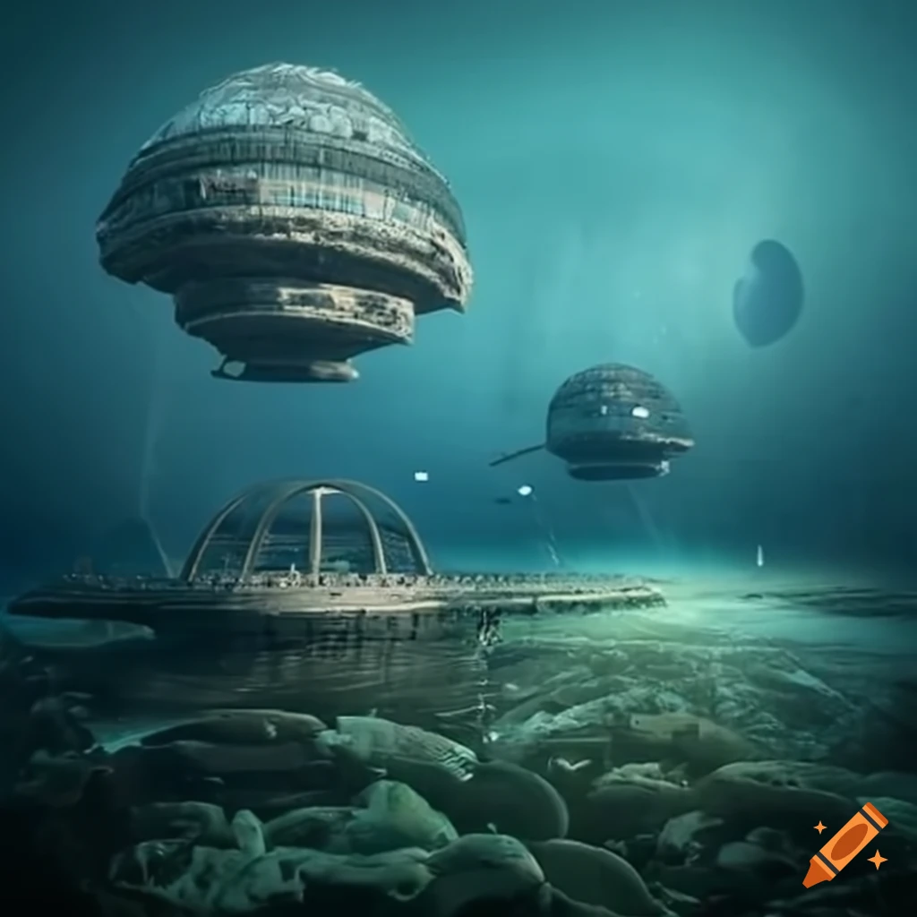 Alien ship in the form of a city under a huge dome on the seabed on Craiyon