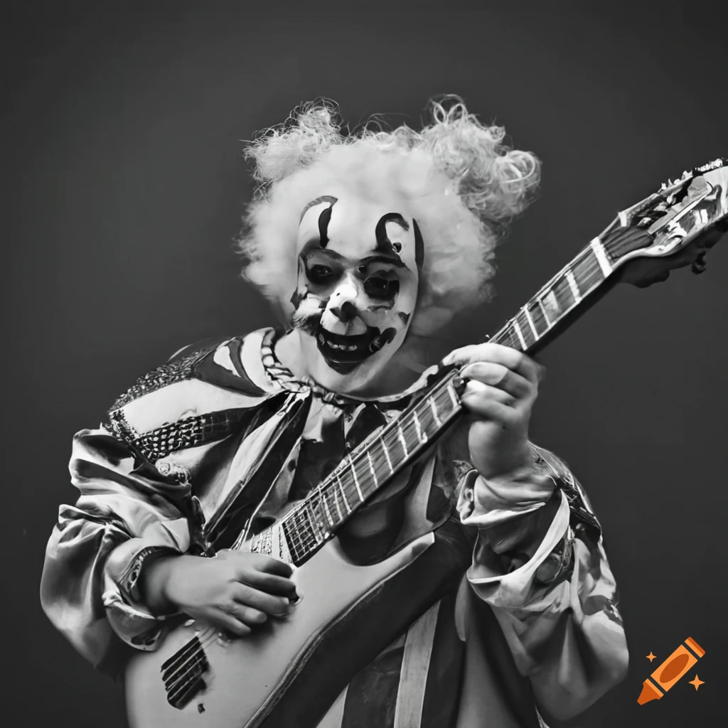 Punk mosh pit full of clowns playing guitar black and white