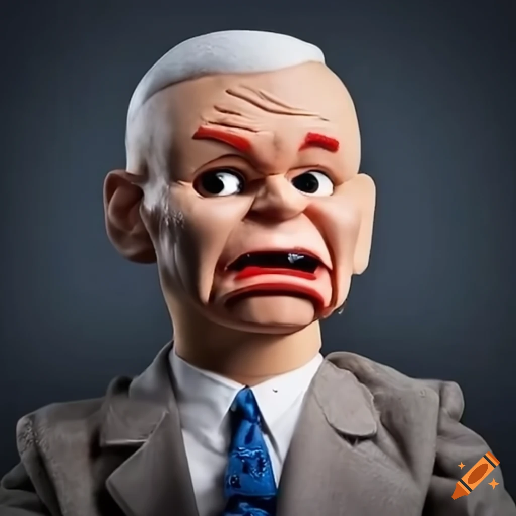 A frowning angry Mike Pence ventriloquist doll sitting on a couch on ...
