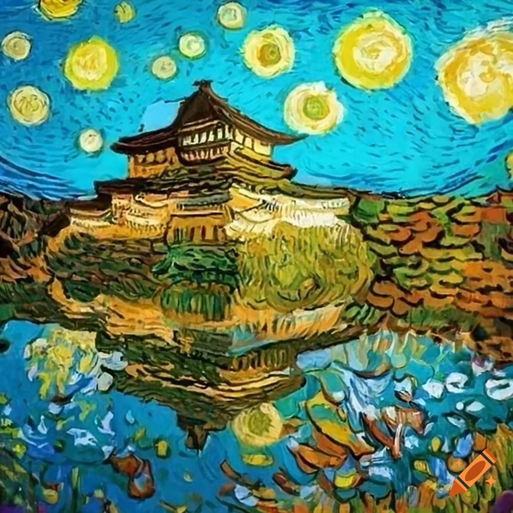 Japanese castle in colorful garden in the style of vincent van gogh