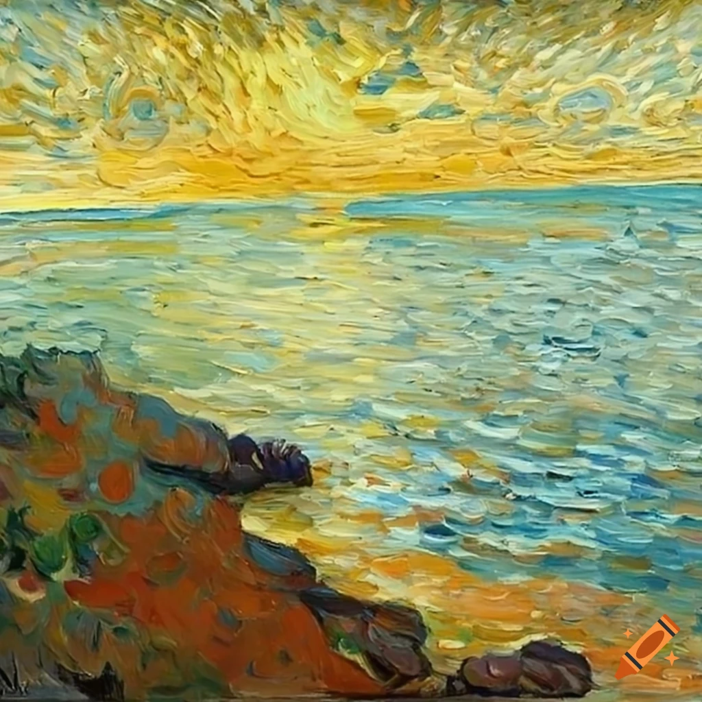 Van gogh oil painting of a sunny midday sea from the shore pov on Craiyon