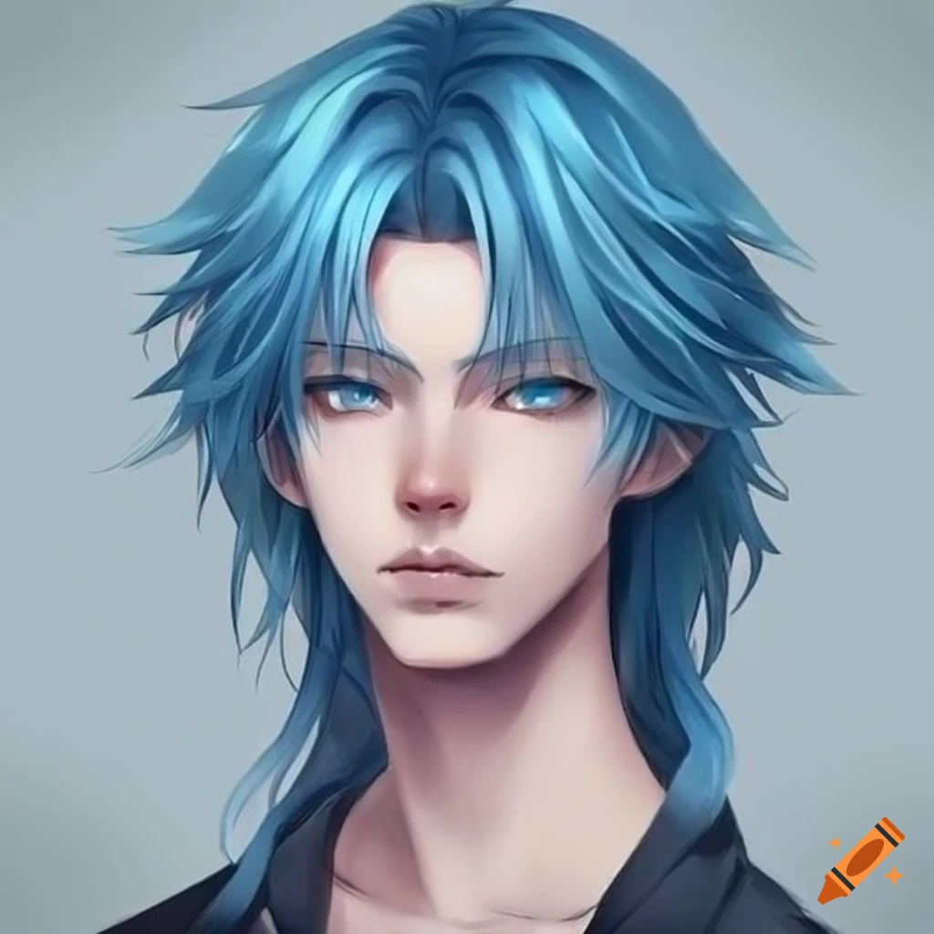 Male, long light blue hair, blue eyes, pale skin, realism anime on Craiyon