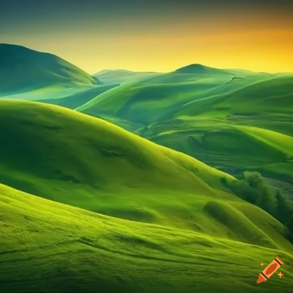 Rolling green hills with remnants of ancient stone walls on Craiyon