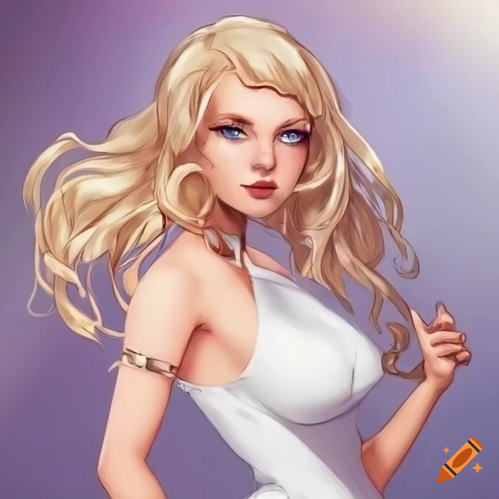 Full Body Comic Portrait Of Luxanna Blond Hair Blue Eyes Smilling In A Tight White Dress On