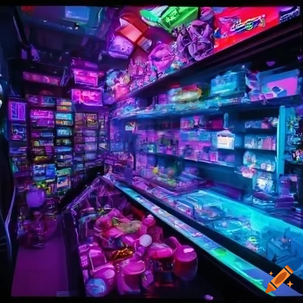 Inside a cyberpunk, my little pony, candy shop